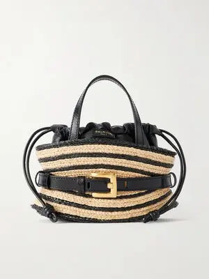 Balmain Mini Buckled Raffia Shoulder Bag - Black