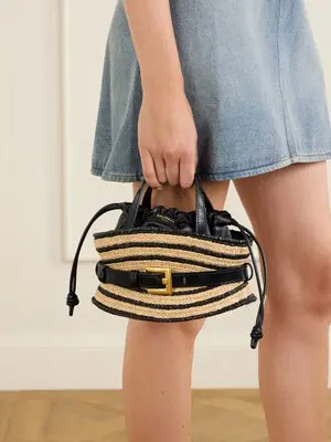 Balmain Mini Buckled Raffia Shoulder Bag - Black