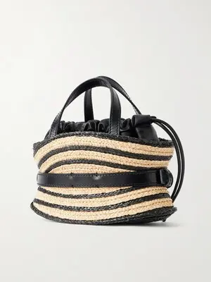Balmain Mini Buckled Raffia Shoulder Bag - Black