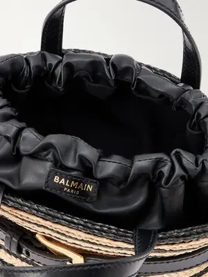 Balmain Mini Buckled Raffia Shoulder Bag - Black