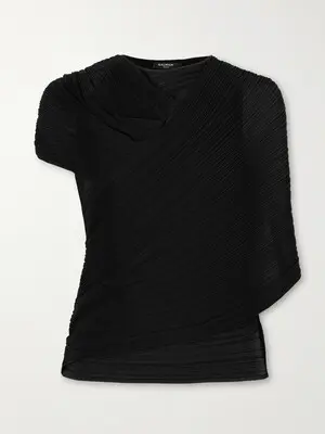 Balmain Draped Ribbed Jersey Blouse - Black