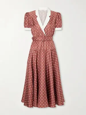 RODARTE Belted Polka Dot Silk Midi Dress - Brown