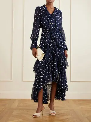 SELF-PORTRAIT Tiered Ruffled Polka Dot Georgette Midi Dress - Blue