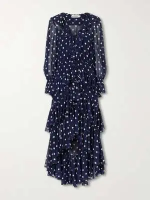 SELF-PORTRAIT Self-Portrait Tiered Ruffled Polka Dot Georgette Midi Dress Navy
