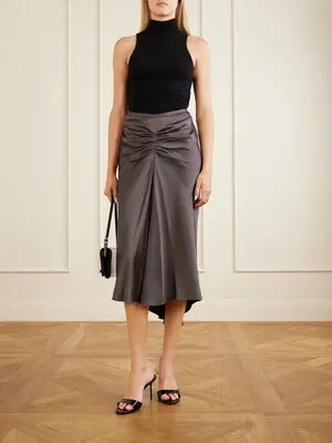 Victoria Beckham Ruched Satin Midi Skirt - Gray