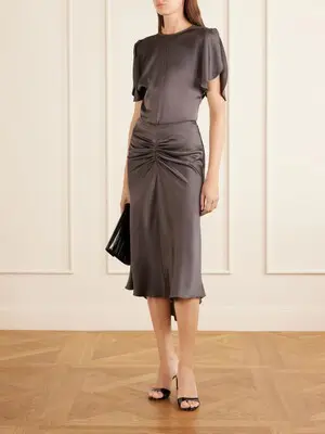 Victoria Beckham Ruched Satin Midi Skirt - Gray