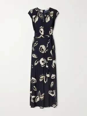 Max Mara Tie-detailed Floral Silk Chiffon Maxi Dress - Blue