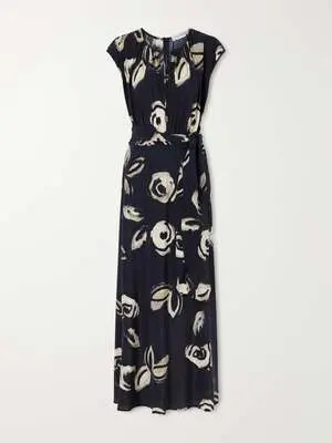 Max Mara Max Mara Tie-Detailed Floral Silk Chiffon Maxi Dress Navy