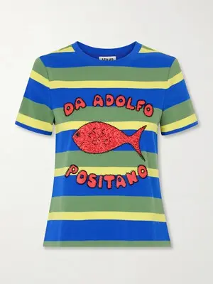 Staud Striped Printed Cotton-blend T-shirt - Blue
