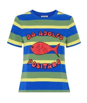 Staud X Da Adolfo Striped Cotton-blend T-shirt With Fish Emblem - Blue