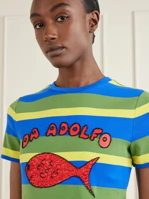 Staud X Da Adolfo Striped Cotton-blend T-shirt With Fish Emblem