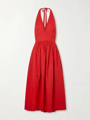 Staud Grazia Gathered Linen Midi Dress - Red