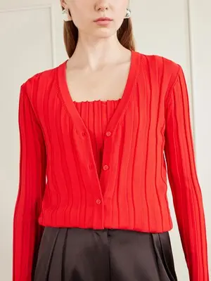 Staud Ezra Ribbed Jersey Cardigan - Red