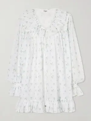 Chloé Ruffled Floral-print Cotton-voile Mini Dress - White