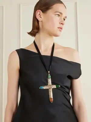 Juju Vera Mila Gold-plated Hammered Cross Necklace With -stone Embellishment