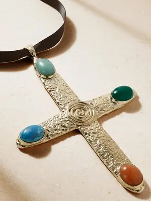 Juju Vera Mila Gold-plated Hammered Cross Necklace With -stone Embellishment