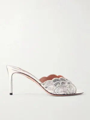 AQUAZZURA Ce Soir 75 Embellished Metallic Leather Mule - Silver