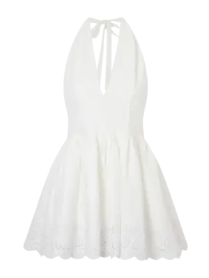 Staud Grazia" Gathered Linen Mini Dress With Eyelet Trim - White