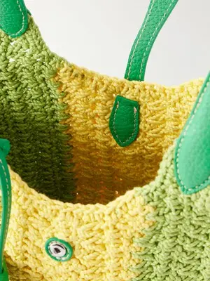 Polo Ralph Lauren Crocheted Bucket Bag With Leather Trim And Beaded Logo