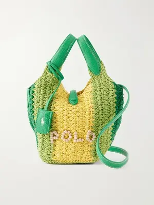 Polo Ralph Lauren Crocheted Bucket Bag With Leather Trim And Beaded Logo