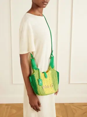 Polo Ralph Lauren Crocheted Bucket Bag With Leather Trim And Beaded Logo