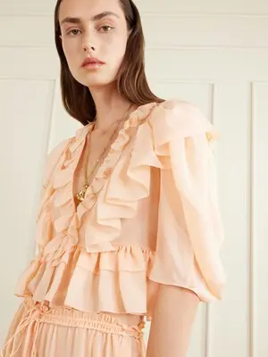 Chloé Ruffled Silk Charmeuse Blouse - Orange
