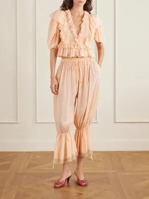 Chloé Ruffled Lace-trimmed Silk-charmeuse Pants