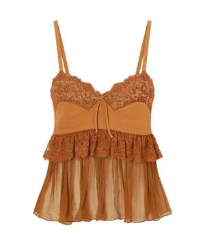 Chloé Lace-trimmed Silk Crepe Tank - Brown