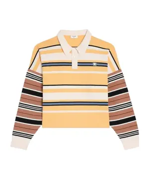 Celine Loose Polo In Striped Cotton - Dark Khaki / White