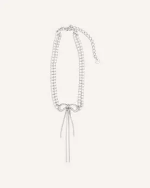 SELF-PORTRAIT Crystal Double Bow Choker Necklace - Silver