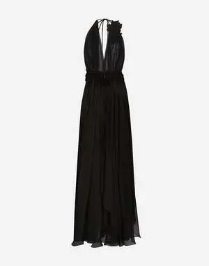 Dolce & Gabbana Long Silk Chiffon Dress With Floral Appliqu