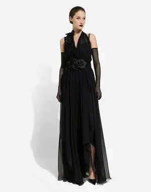 Dolce & Gabbana Long Silk Chiffon Dress With Floral Appliqu