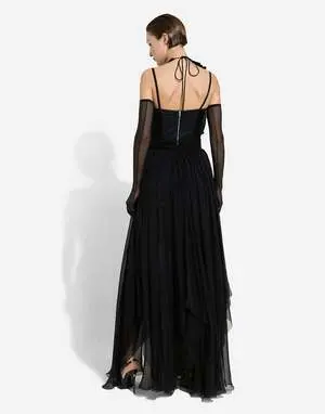 Dolce & Gabbana Long Silk Chiffon Dress With Floral Appliqu
