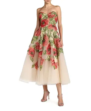 Mac Duggal Embroidered Mesh Strapless A-line Midi Dress