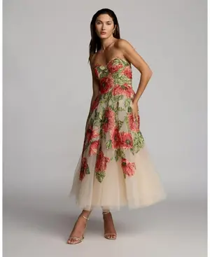 Mac Duggal Embroidered Mesh Strapless A-line Midi Dress