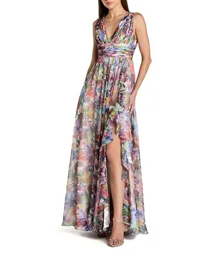 Mac Duggal Sleeveless Printed Chiffon V Neck Ruched Gown - Multi
