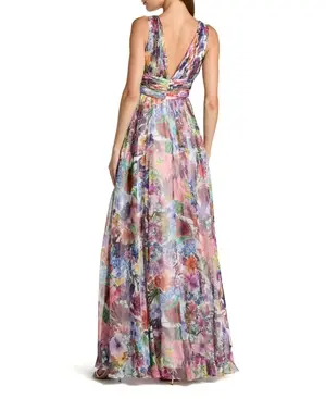 Mac Duggal Sleeveless Printed Chiffon V Neck Ruched Gown
