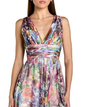 Mac Duggal Sleeveless Printed Chiffon V Neck Ruched Gown