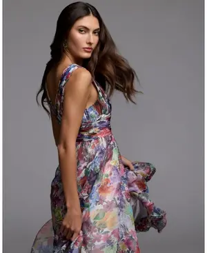 Mac Duggal Sleeveless Printed Chiffon V Neck Ruched Gown