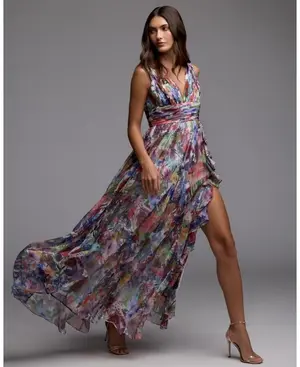Mac Duggal Sleeveless Printed Chiffon V Neck Ruched Gown