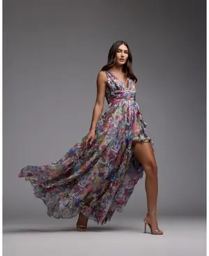 Mac Duggal Sleeveless Printed Chiffon V Neck Ruched Gown