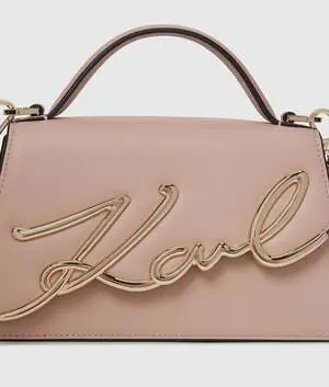 Karl Lagerfeld K/signature Small Crossbody Bag In Black Leather With Gold Tone Hardware - Pink