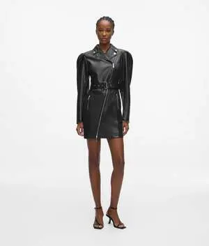 Karl Lagerfeld Faux Leather Biker Dress With Voluminous Sleeves And Belt - Black