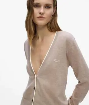 Karl Lagerfeld Merino Wool V-neck Cardigan With Contrast Piping - Sandstone Melange