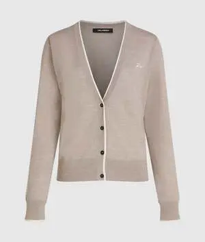Karl Lagerfeld Merino Wool V-neck Cardigan With Contrast Piping - Sandstone Melange
