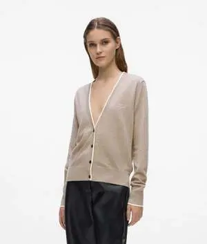 Karl Lagerfeld Merino Wool V-neck Cardigan With Contrast Piping - Sandstone Melange