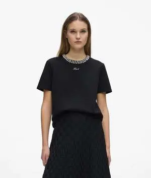 Karl Lagerfeld Faux-pearl Neck Organic Cotton T-shirt - Black