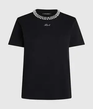 Karl Lagerfeld Faux-pearl Neck Organic Cotton T-shirt - Black