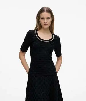 Karl Lagerfeld Faux Pearl Embellished Short-sleeve Knit Top