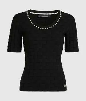 Karl Lagerfeld Faux Pearl Embellished Short-sleeve Knit Top